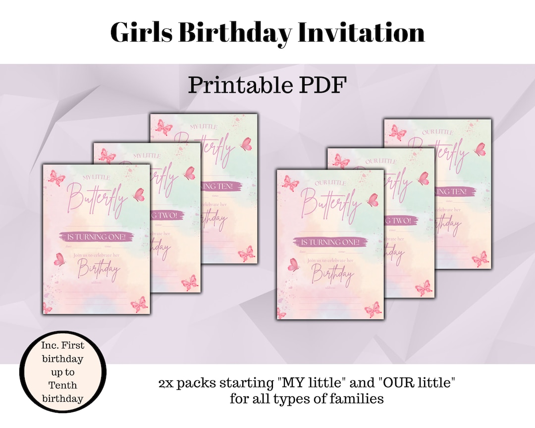 Printable Birthday Invitations Ages One up to Ten Girls Birthday ...