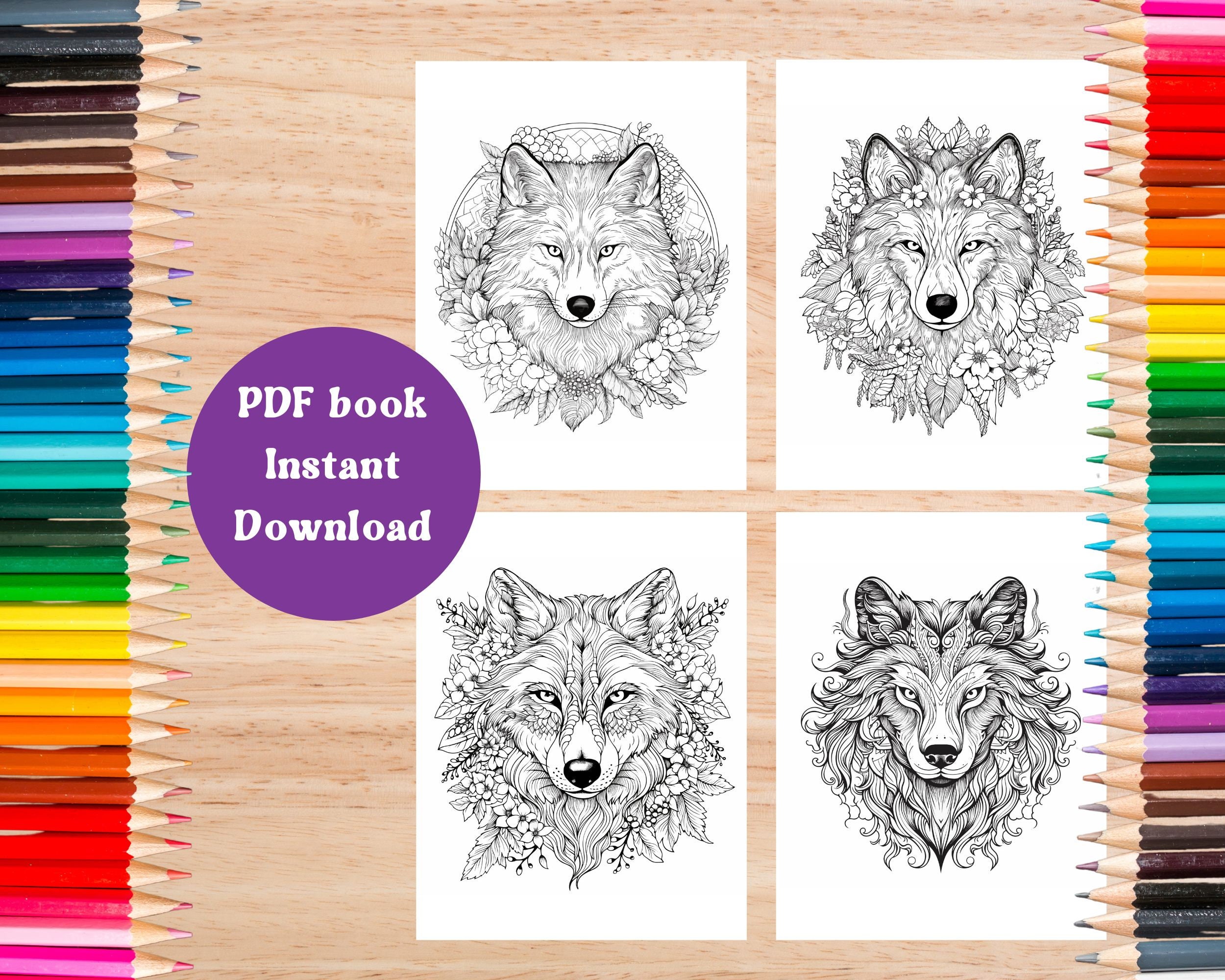 Coloring Pages Majestic Wolves Floral Coloring Fantasy Adult Coloring ...