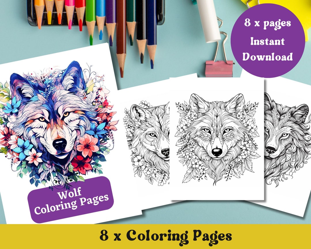 Coloring Pages Majestic Wolves Floral Coloring Fantasy Adult Coloring ...