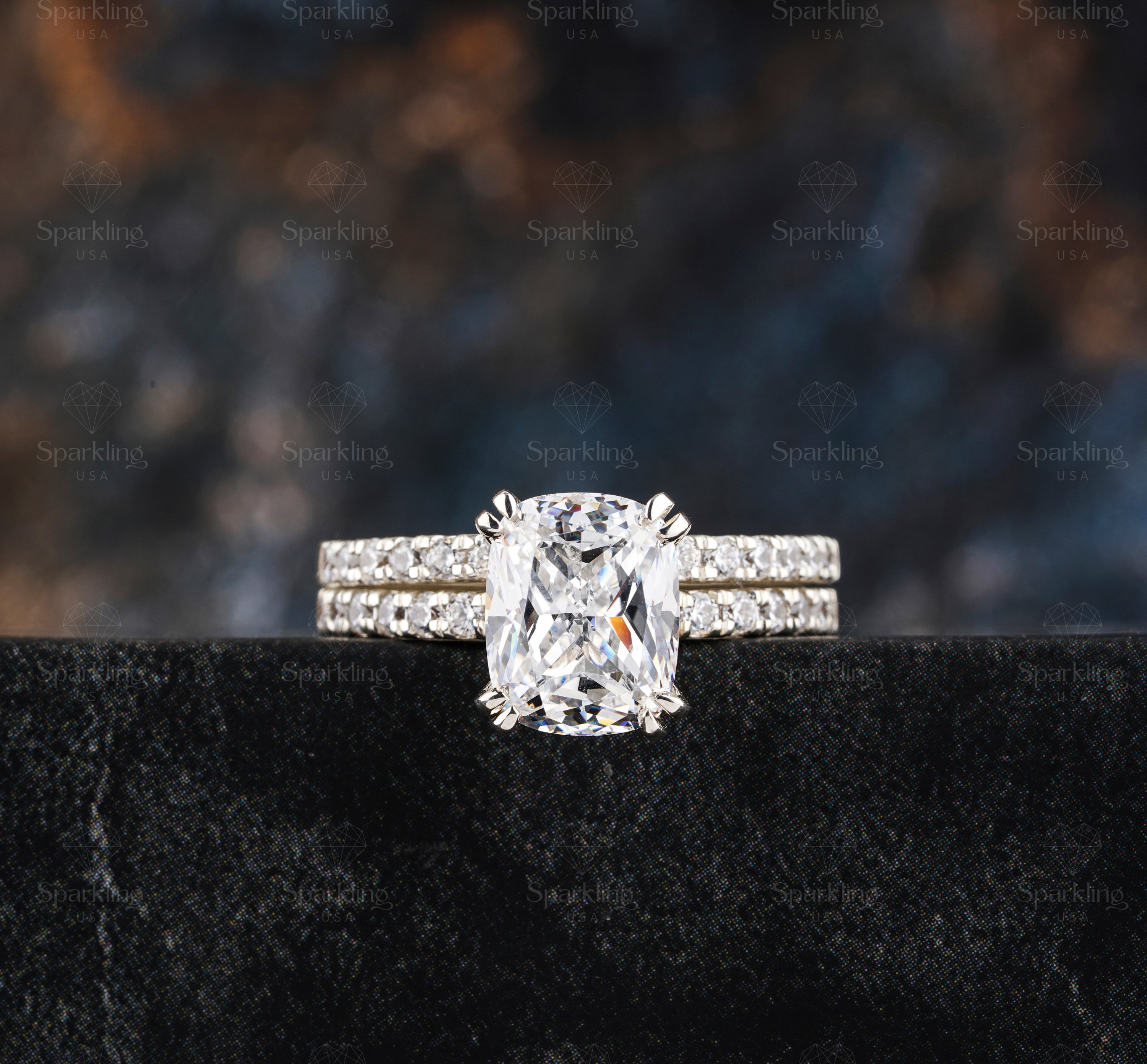 Elongated Cushion Cut Moissanite Double Claw Prong Set Wedding Ring ...