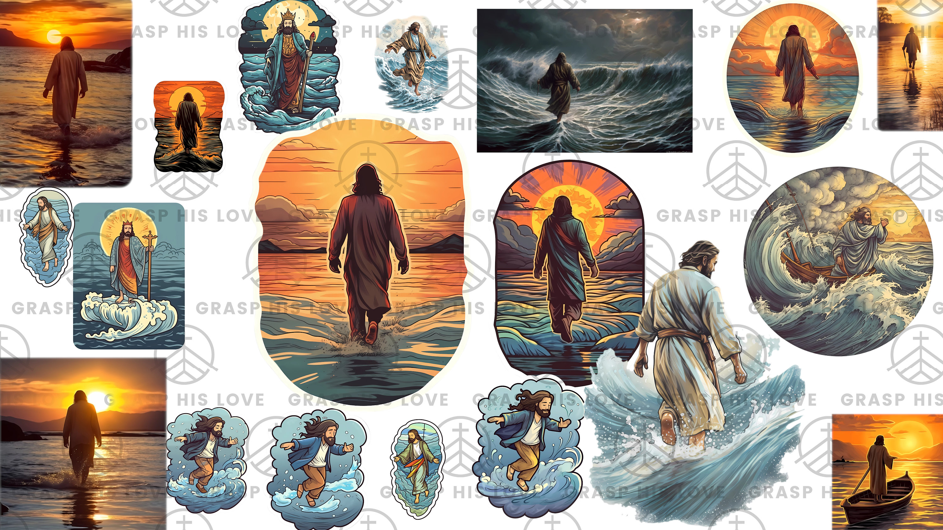 Jesus Walking on Water Clip Art - Sticker - Decal Bundle - PNG High ...