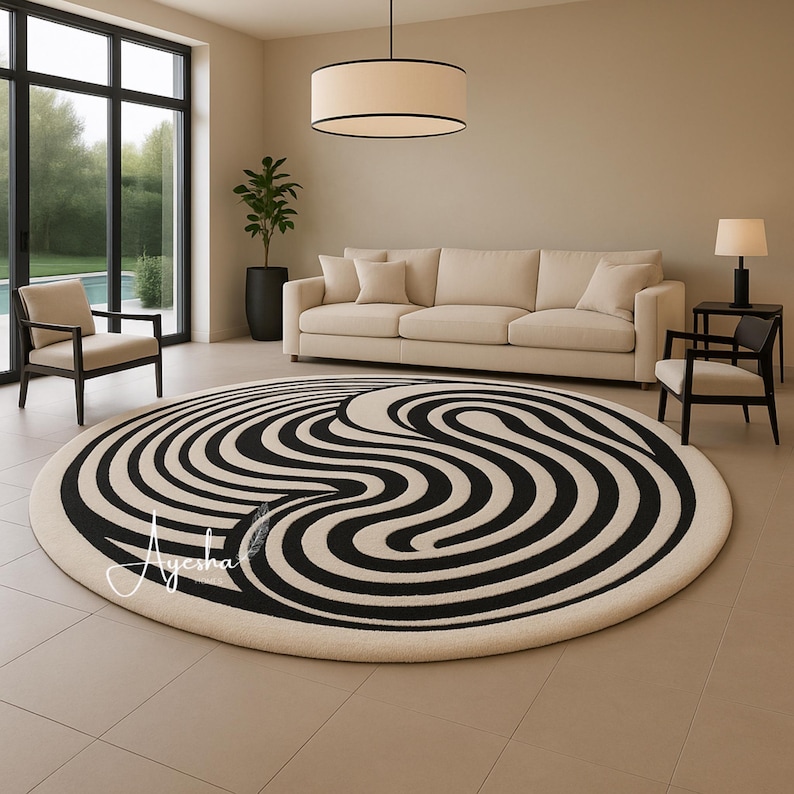 Organic Round Hand Tufted Area Rug With Swirling Black Contour Line on ...