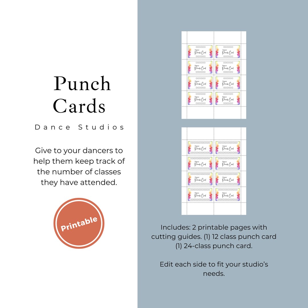 Dance Studio Printable Dance Punch Cards 12 & 24-class Options Paint ...