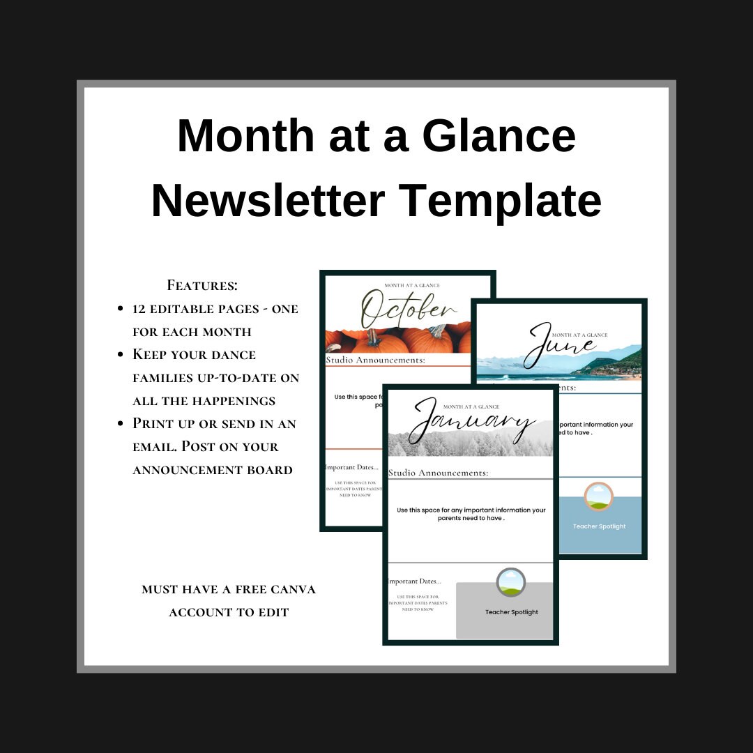Month at A Glance Newsletter Template for Dance Studio Owners - Etsy