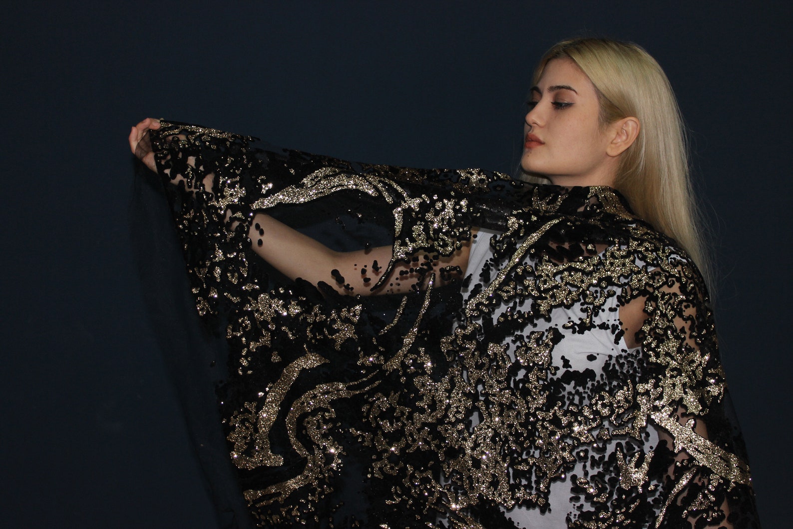 Gold Glitter Powder and Sequin Flocking on Tulle Mesh Fabric – Perfect ...