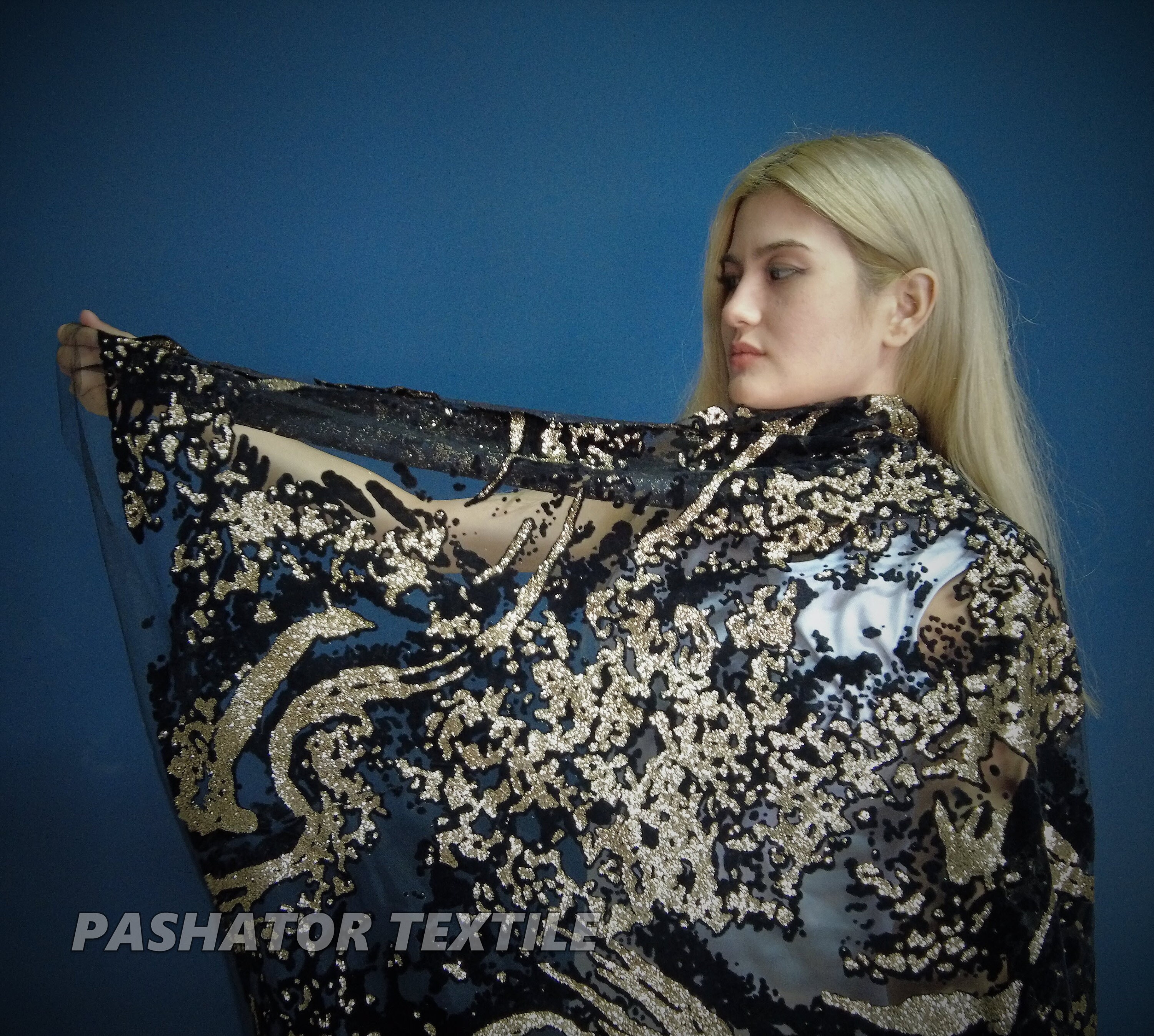 Gold Glitter Powder & Sequin, Flocking on Tulle Mesh Fabric.glitter ...