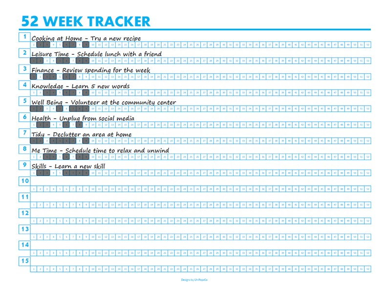 Letter | Blue | 52 Week Tracker | Goal List | Task List | Check Box ...