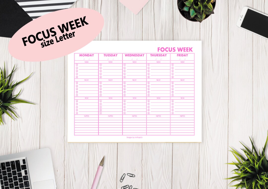 Letter|pink|one Week Focus|work Plan|focus Now Next|focus Notes|task ...