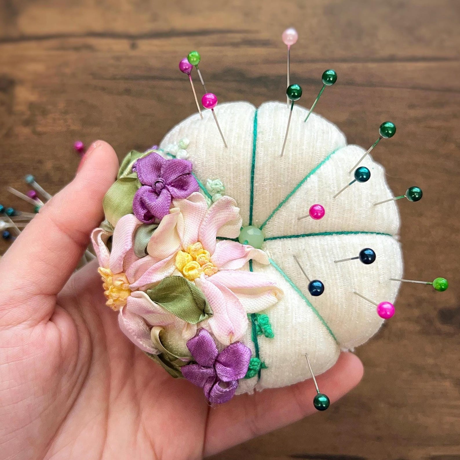 Handmade Ribbon Embroidered Bee Pincushion | Small Linen Pincushion ...