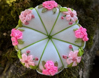 Floral Ribbon Embroidered Pincushion Handmade, Round 8-sided Needle ...