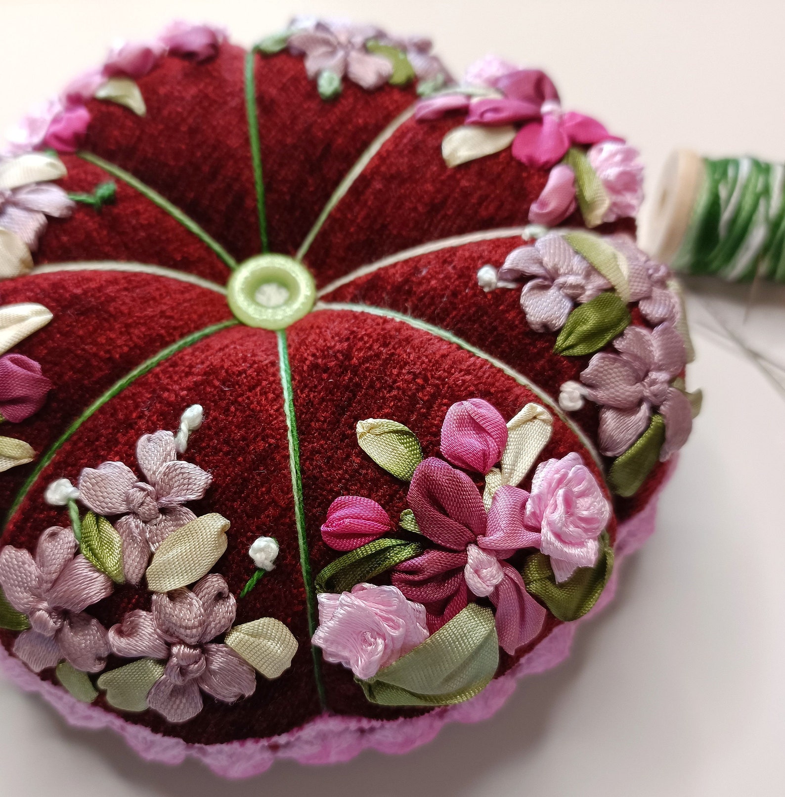 Floral Ribbon Embroidered Pincushion Handmade, Round 8-sided Needle ...