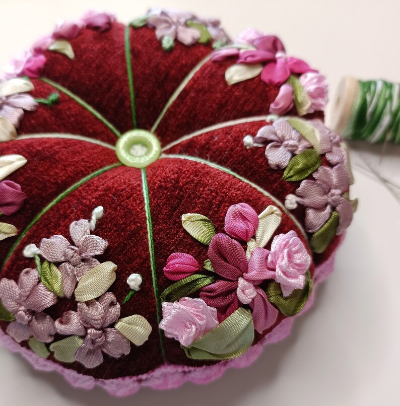 Floral Ribbon Embroidered Pincushion Handmade, Round 8-sided Needle ...