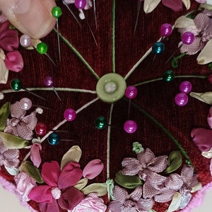Floral Ribbon Embroidered Pincushion Handmade, Round 8-sided Needle ...