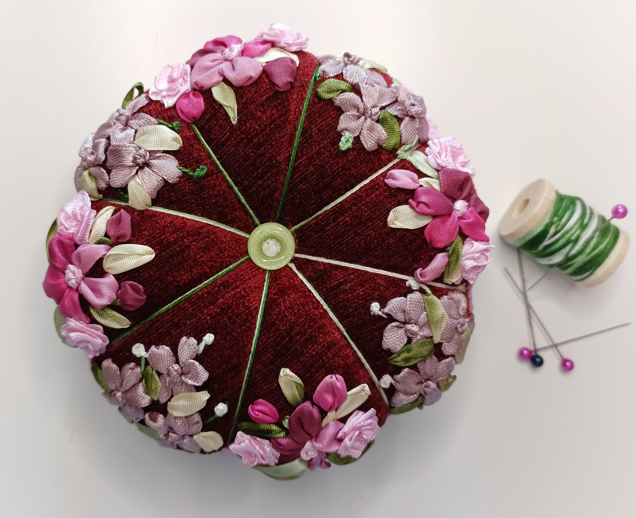Floral Ribbon Embroidered Pincushion Handmade, Round 8-sided Needle ...