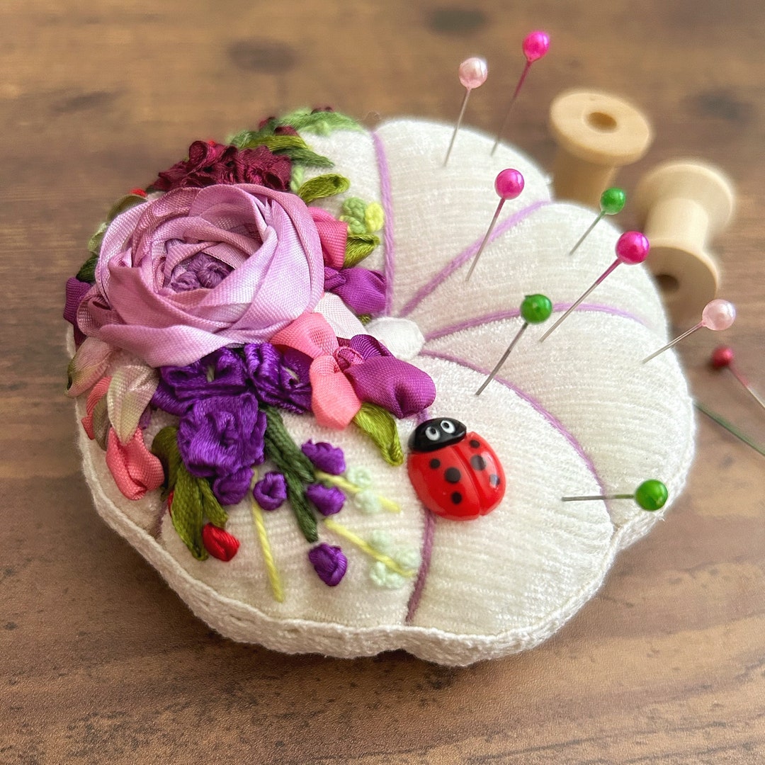 Ribbon Embroidered Pincushion With Ladybug | Handmade Pincushion ...