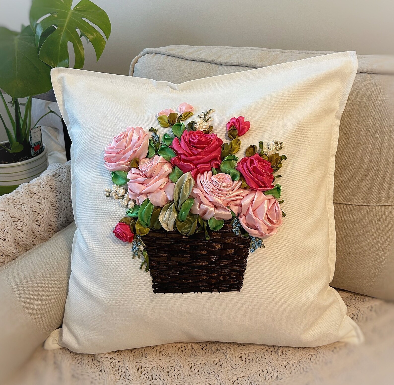 A Basket of Roses Cushion Cover Ribbon Embroidered Decorative Cushion ...