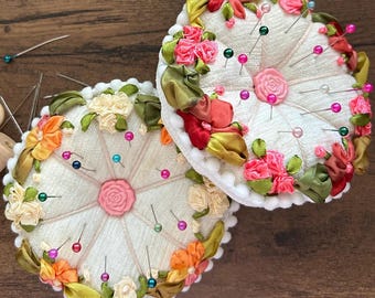 Floral Ribbon Embroidered Pincushion Handmade, Round 8-sided Needle ...