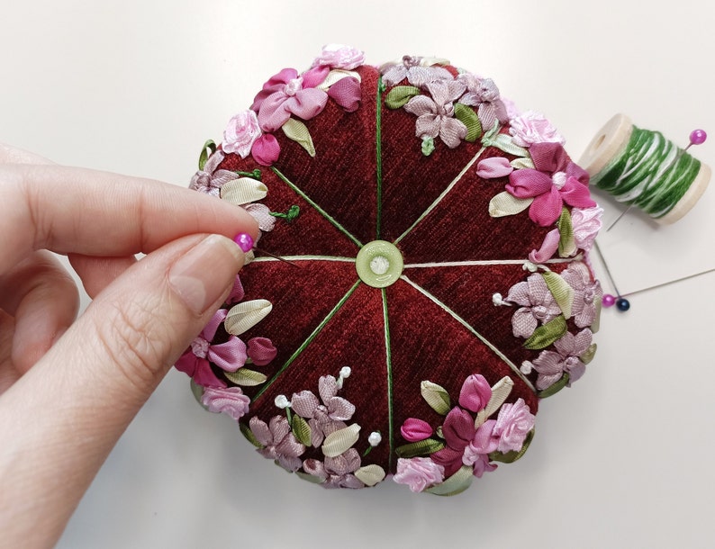 Floral Ribbon Embroidered Pincushion Handmade, Round 8-sided Needle ...