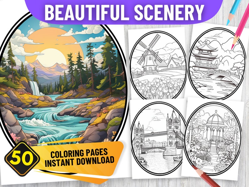 50 Beautiful Scenery Coloring Book Pages for Adult PDF - Etsy