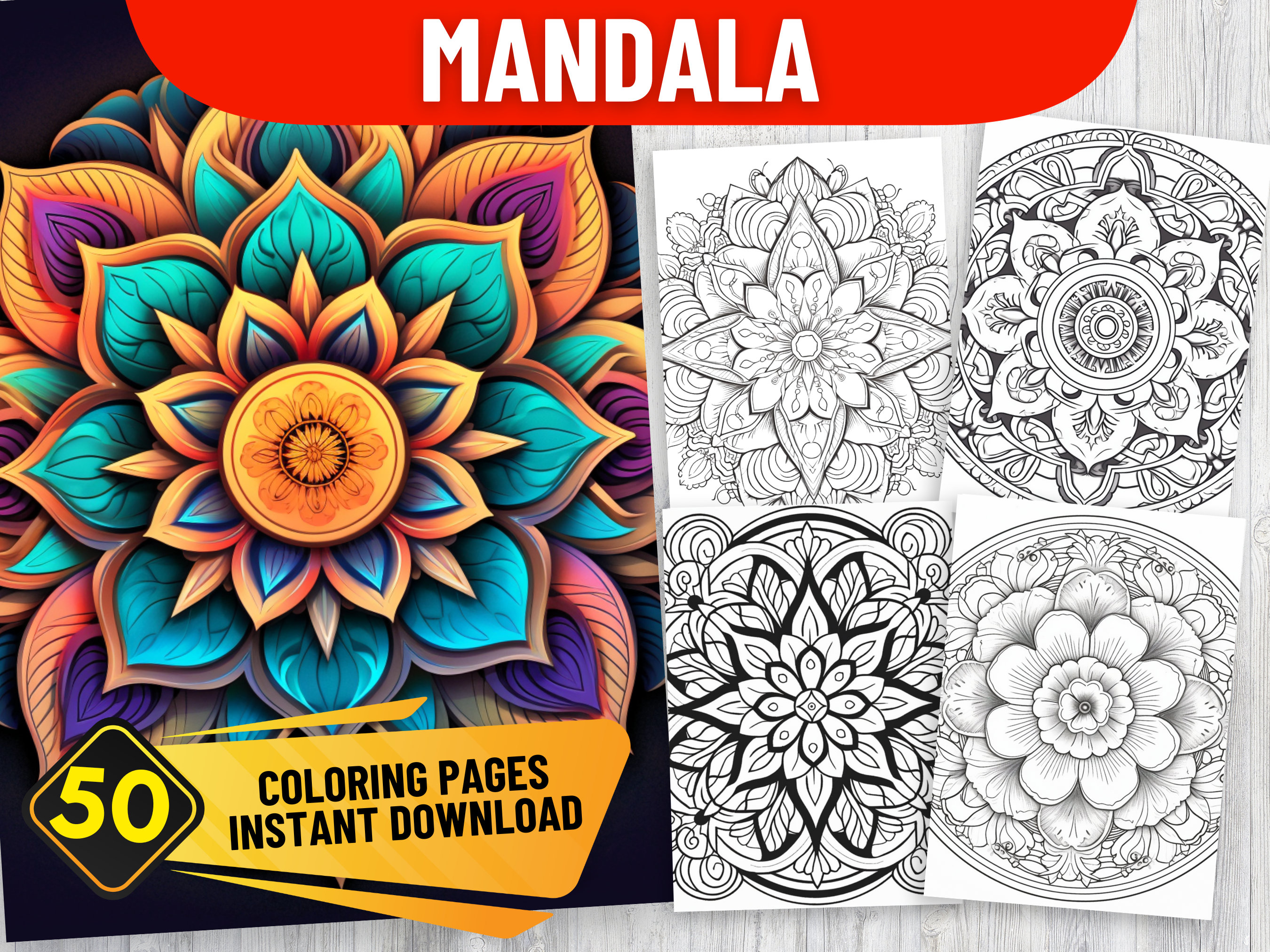 50 Mandala Coloring Book Pages for Adult, PDF Format, Instant Download ...