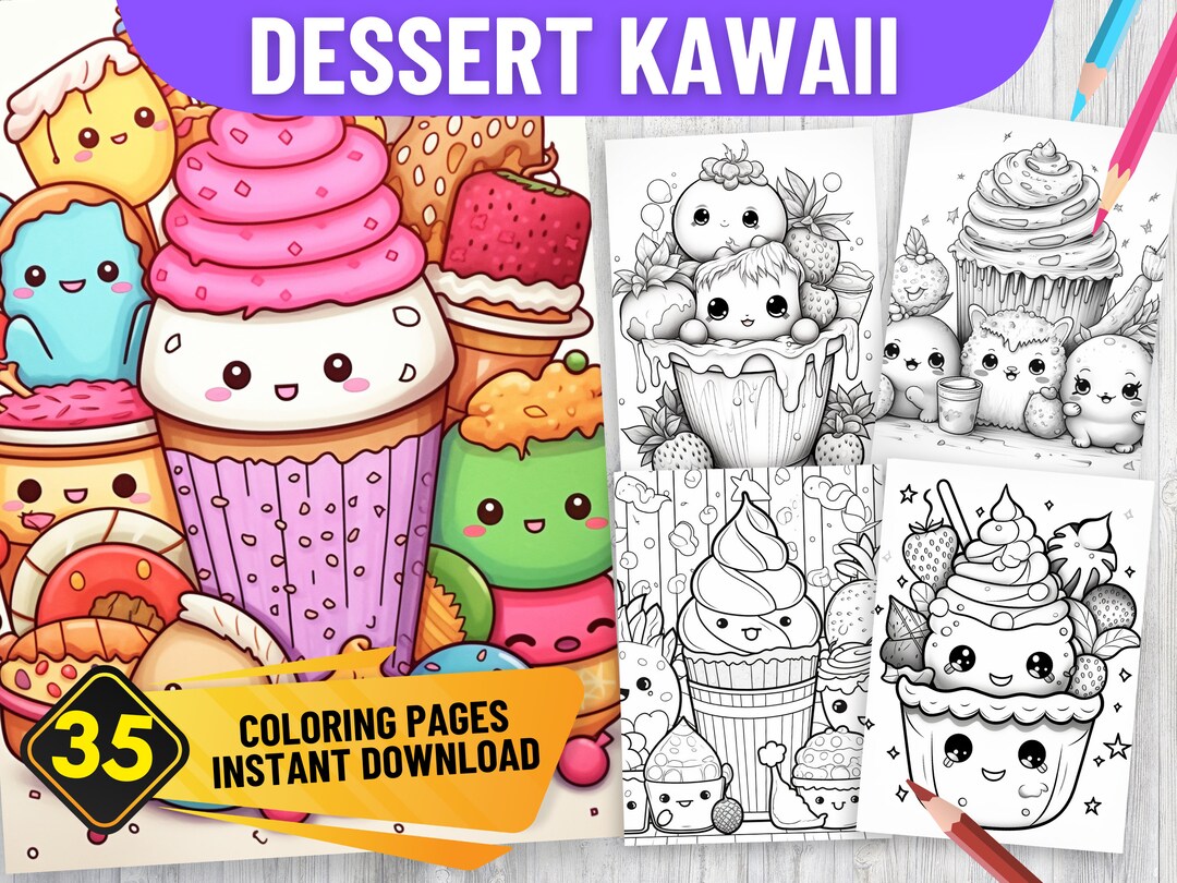 35 DESSERT KAWAII Grayscale Cute Coloring Book Pages | PDF Format ...