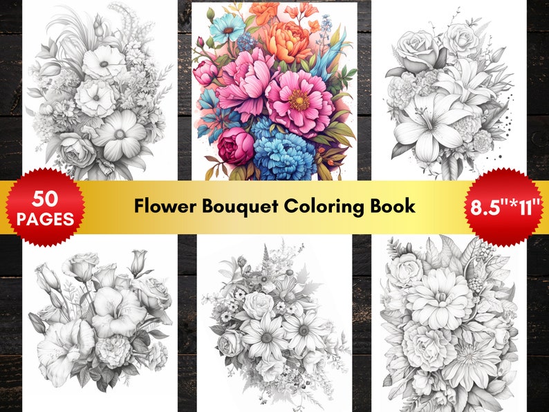 50 Flower Bouquet Coloring Book Pages for Adult PDF Format - Etsy