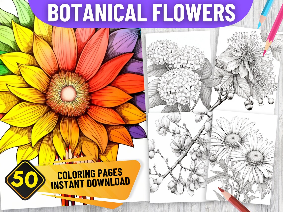 50 Botanical Flowers Coloring Book Pages for Adult, PDF Format, Instant ...