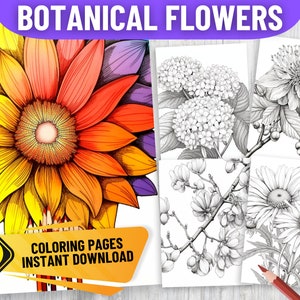 50 Botanical Flowers Coloring Book Pages for Adult, PDF Format, Instant ...