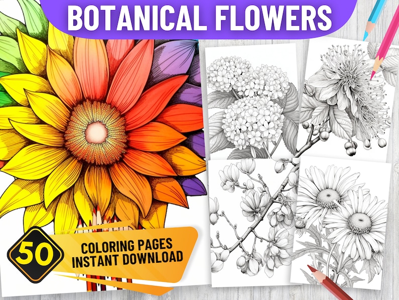 50 Botanical Flowers Coloring Book Pages for Adult, PDF Format, Instant ...