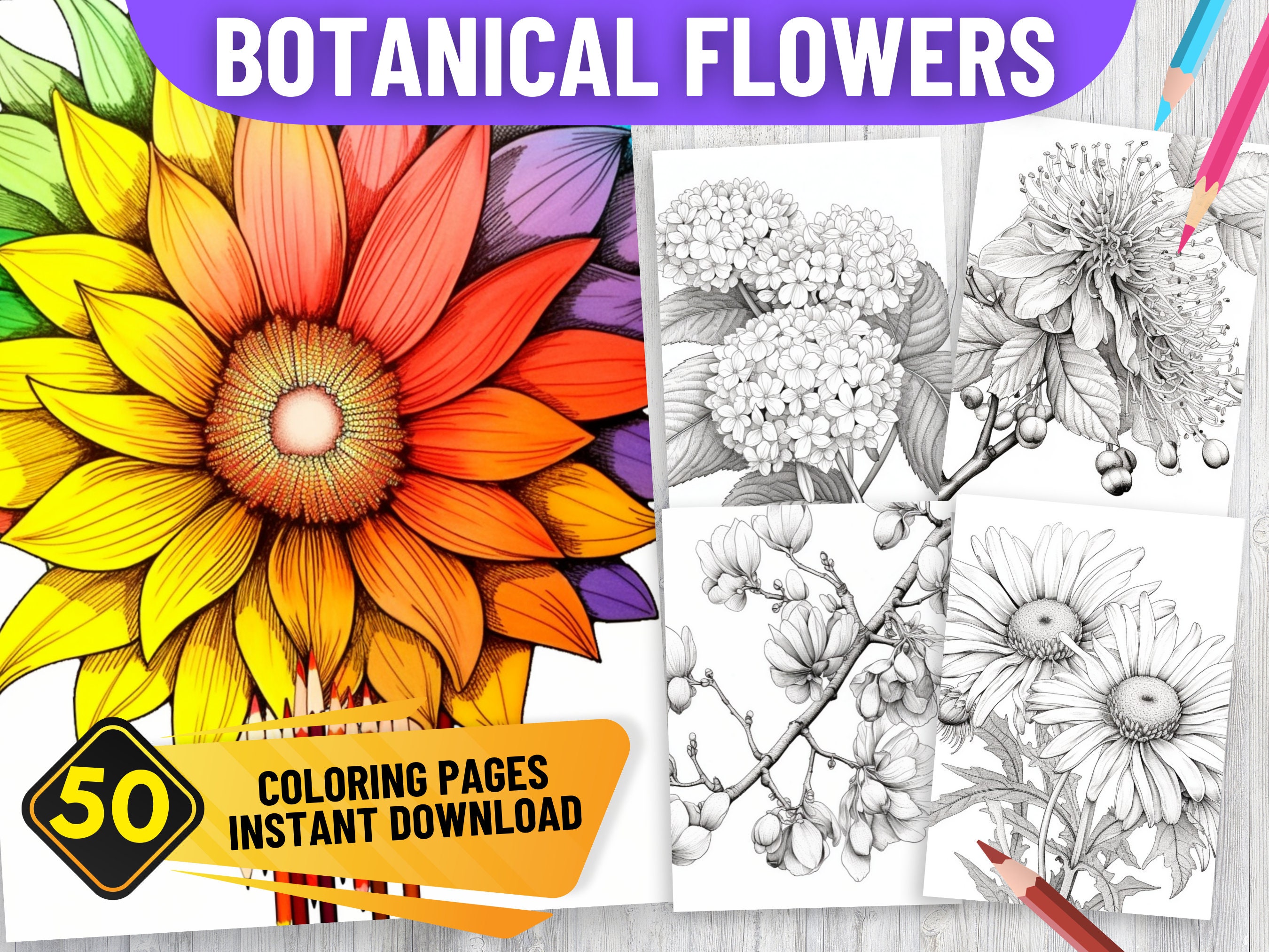 50 Botanical Flowers Coloring Book Pages for Adult, PDF Format, Instant ...