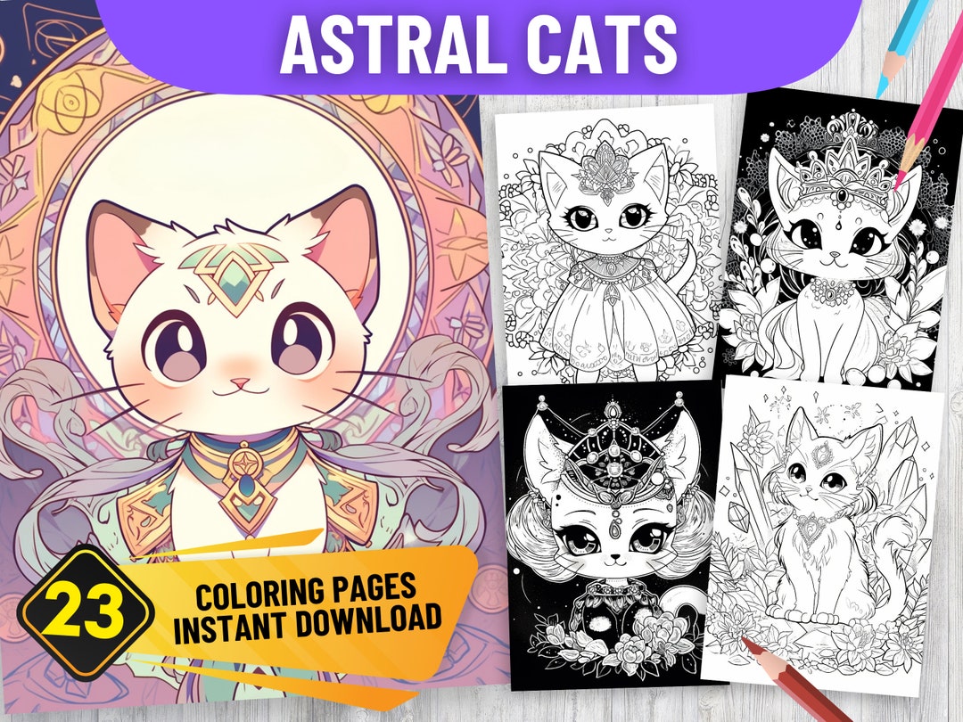 23 ASTRAL CATS Coloring Book Pages PDF Format Instant Download Black and White Cute Coloring ...