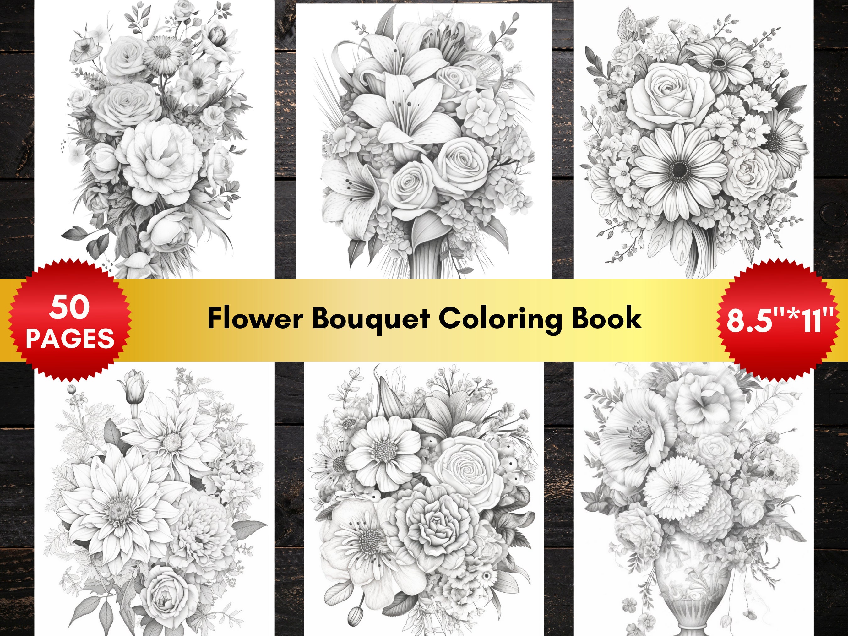 50 Flower Bouquet Coloring Book Pages for Adult PDF Format - Etsy