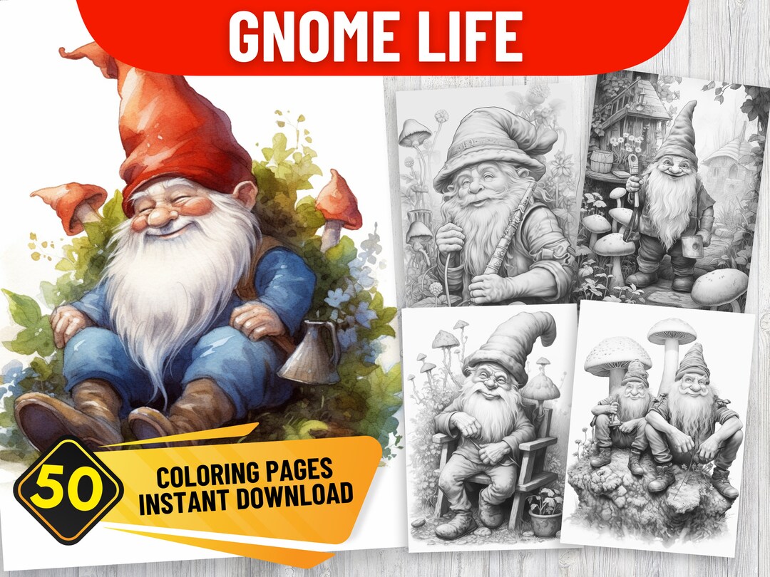 50 Enchanted Gnomes Life Cute Coloring Book Pages, PDF Format, Instant ...