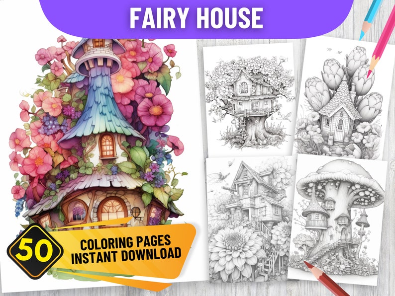 50 Magical Fairy House Coloring Book Pages for Adults, PDF Format ...