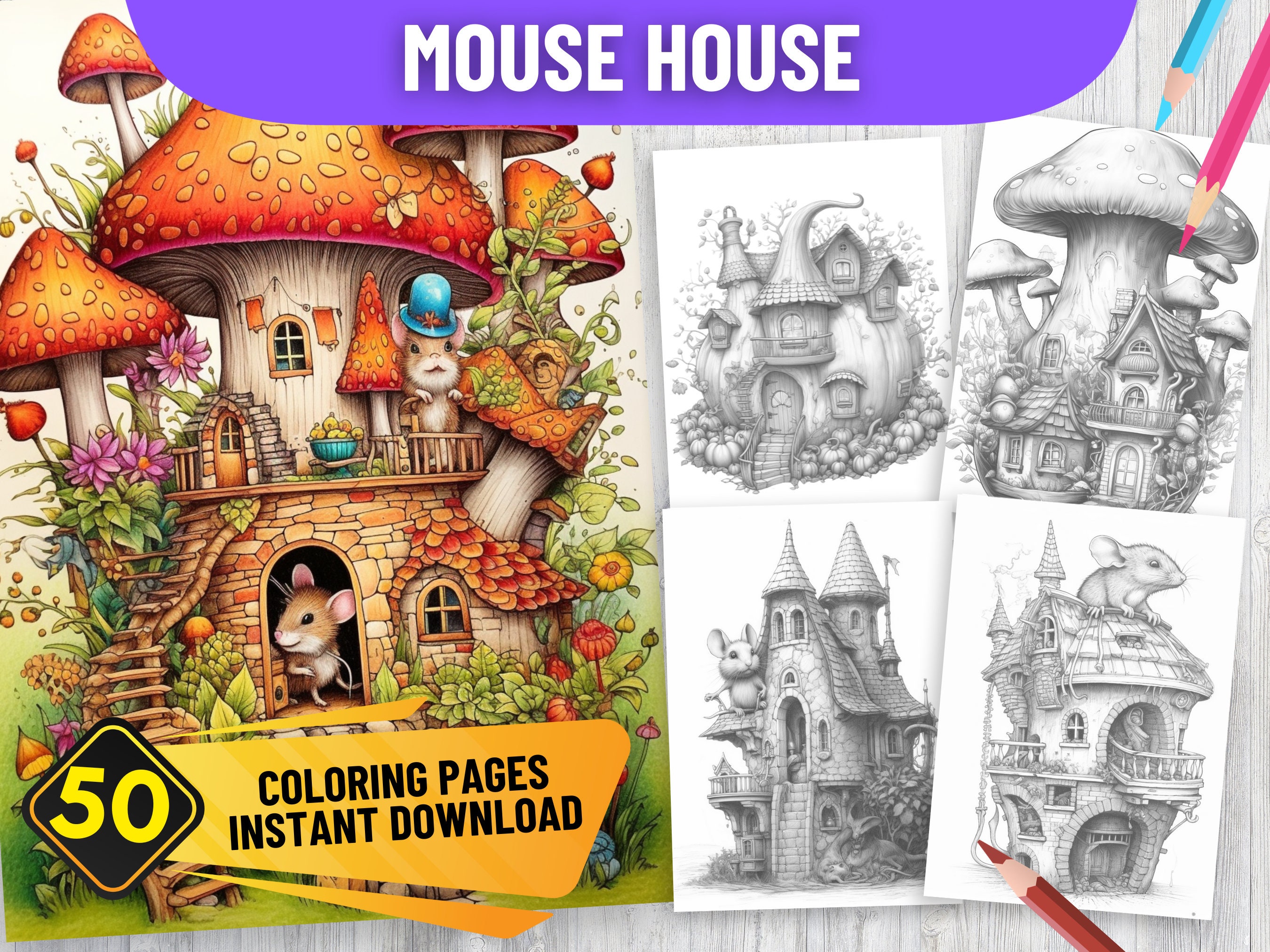 50 Magical Mouse House Coloring Book Pages for Adults, PDF Format ...