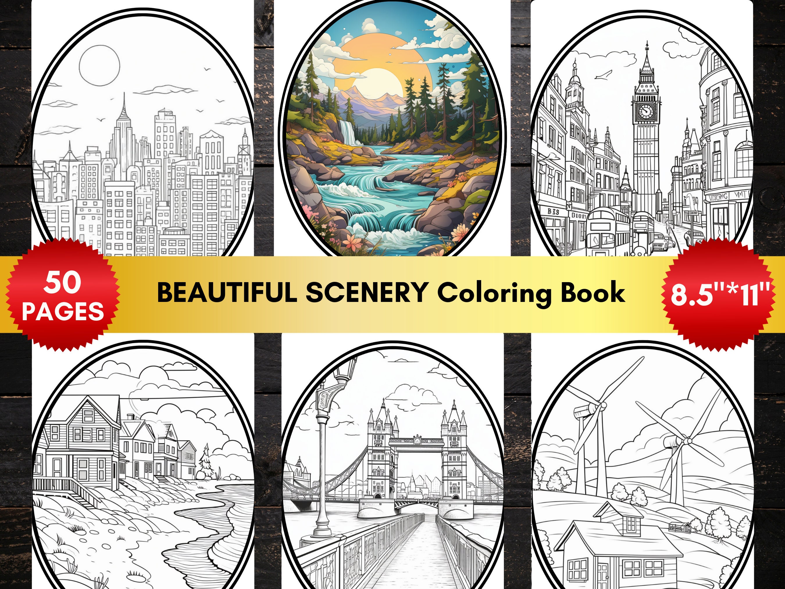 50 Beautiful Scenery Coloring Book Pages for Adult, PDF Format, Instant ...
