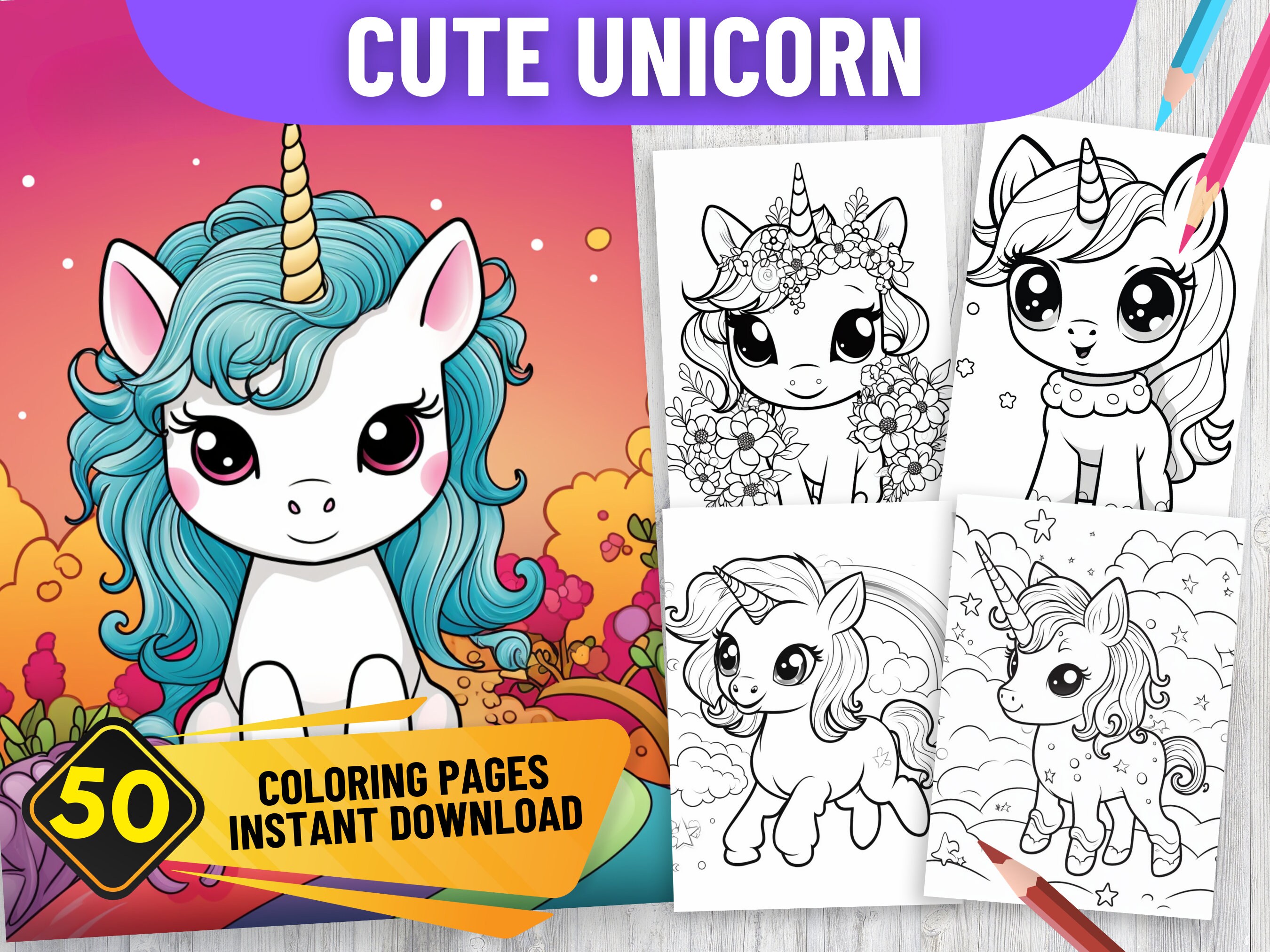 50 Cute Unicorn Coloring Book Pages | PDF Format | Instant Download ...