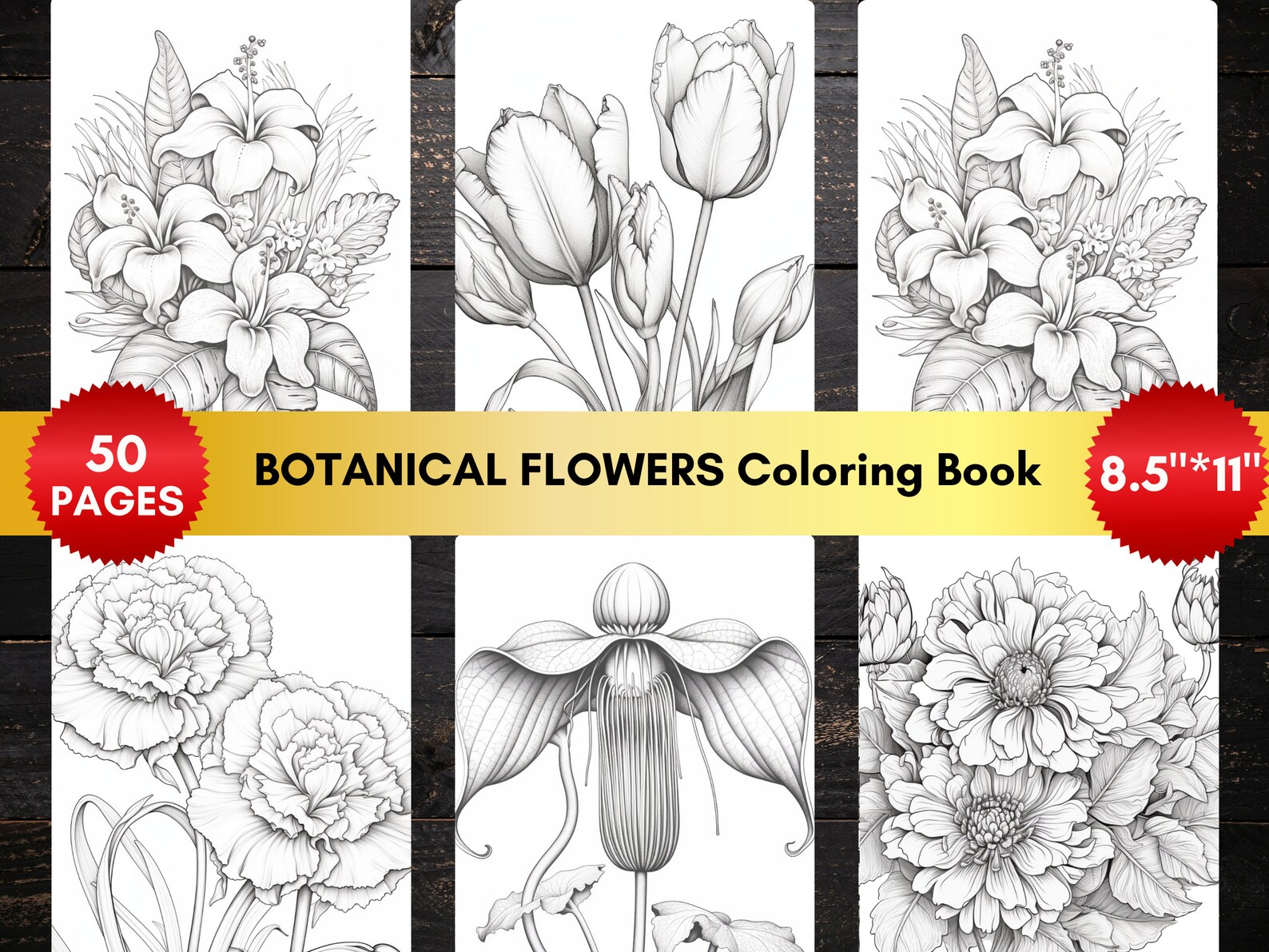 50 Botanical Flowers Coloring Book Pages for Adult, PDF Format, Instant ...
