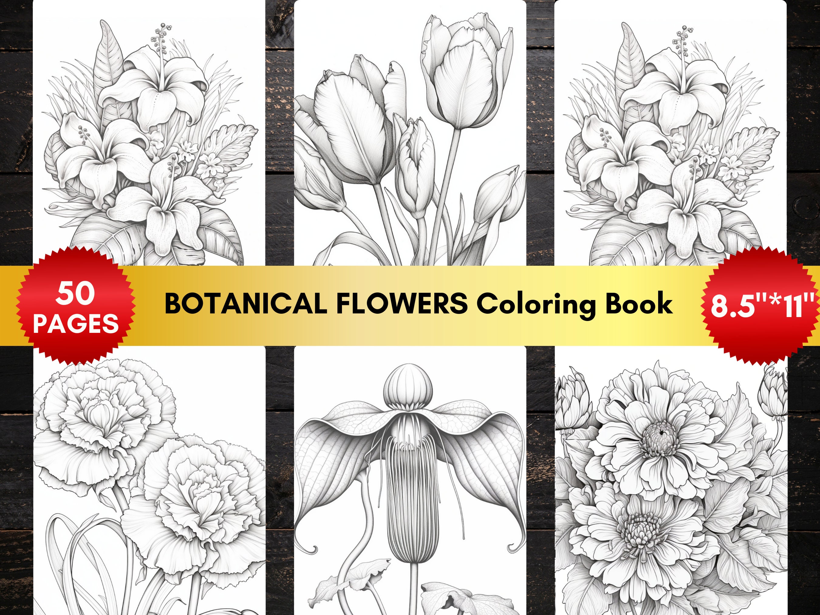 50 Botanical Flowers Coloring Book Pages for Adult, PDF Format, Instant ...