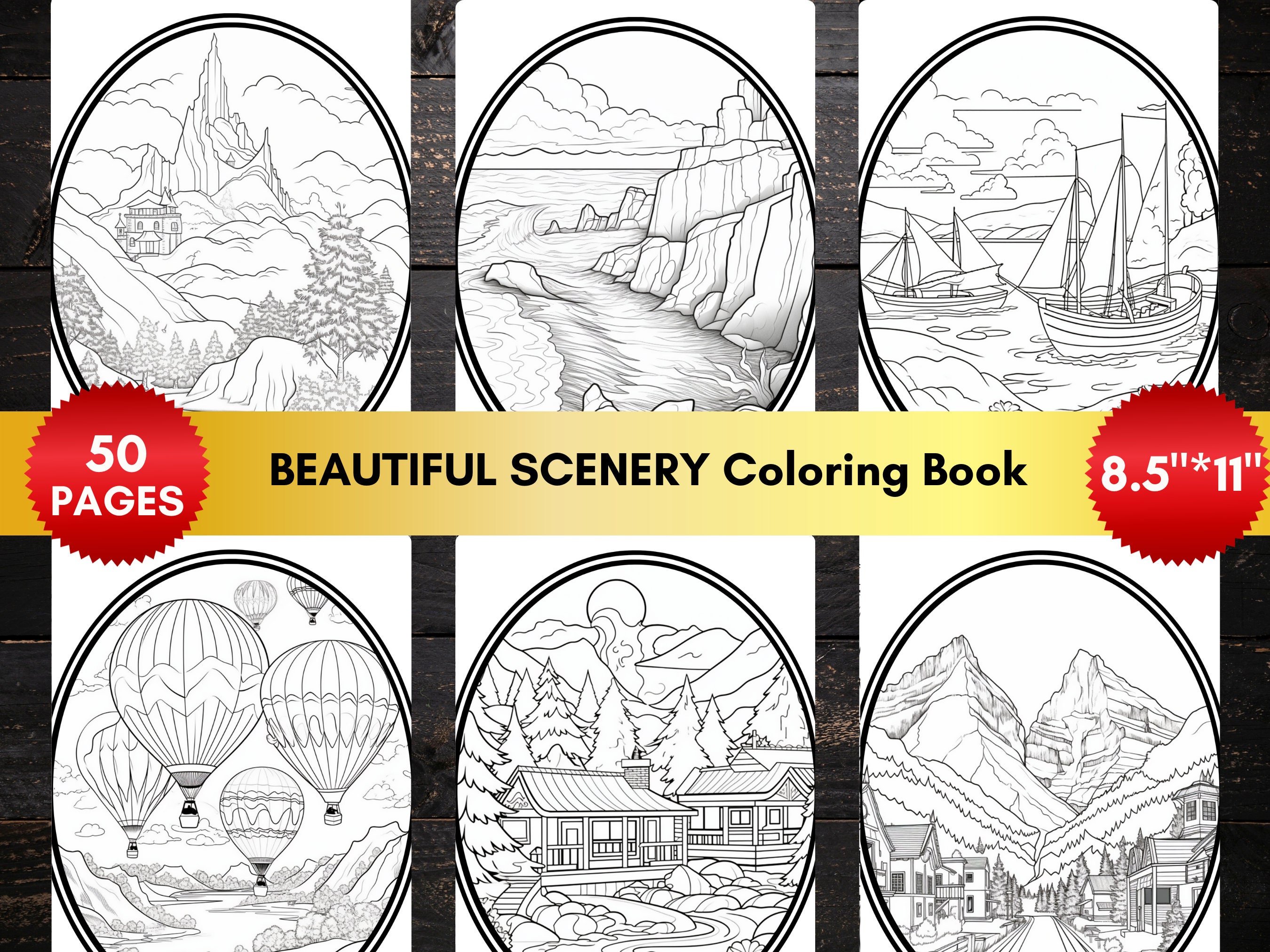 50 Beautiful Scenery Coloring Book Pages for Adult, PDF Format, Instant ...