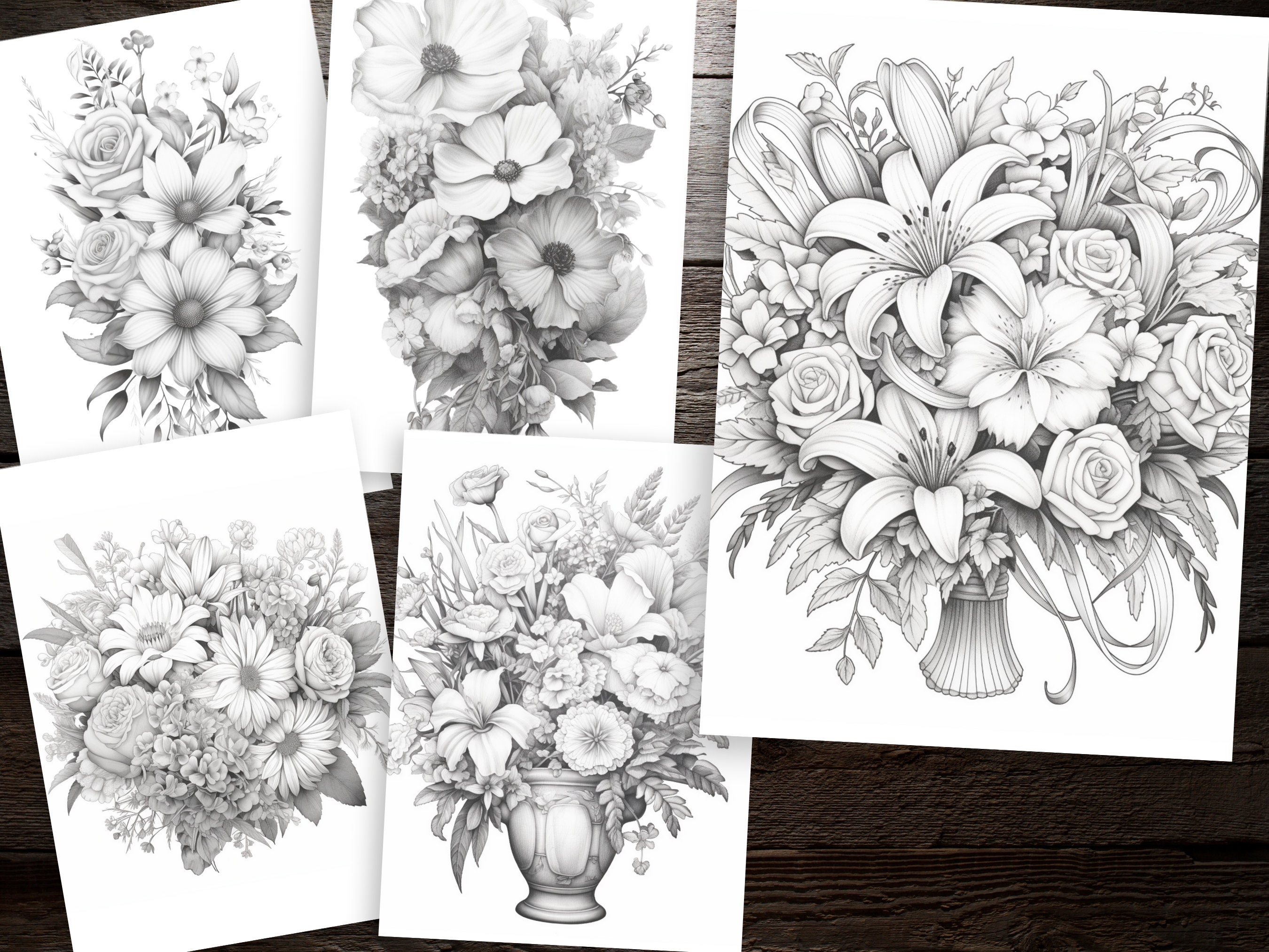 50 Flower Bouquet Coloring Book Pages for Adult PDF Format - Etsy