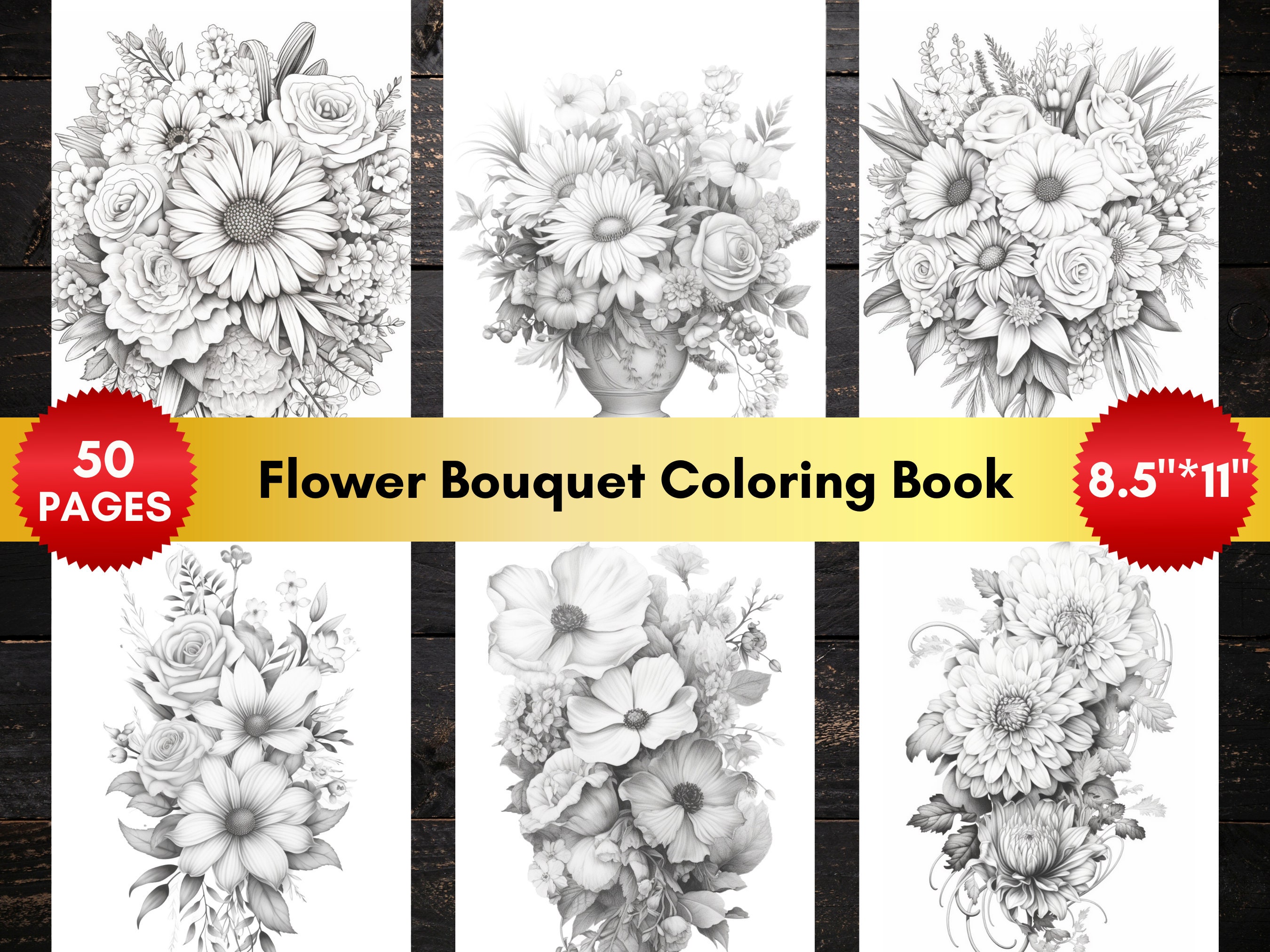 50 Flower Bouquet Coloring Book Pages for Adult PDF Format - Etsy