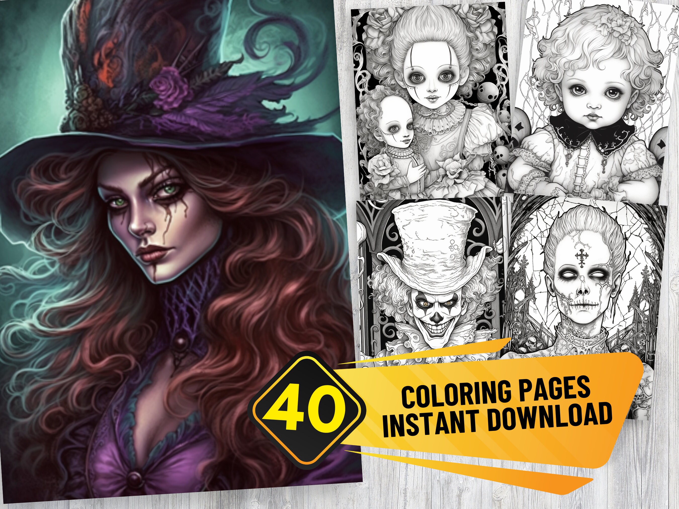 40 Classic Halloween Grayscale Coloring Pages | PDF Format | Instant ...