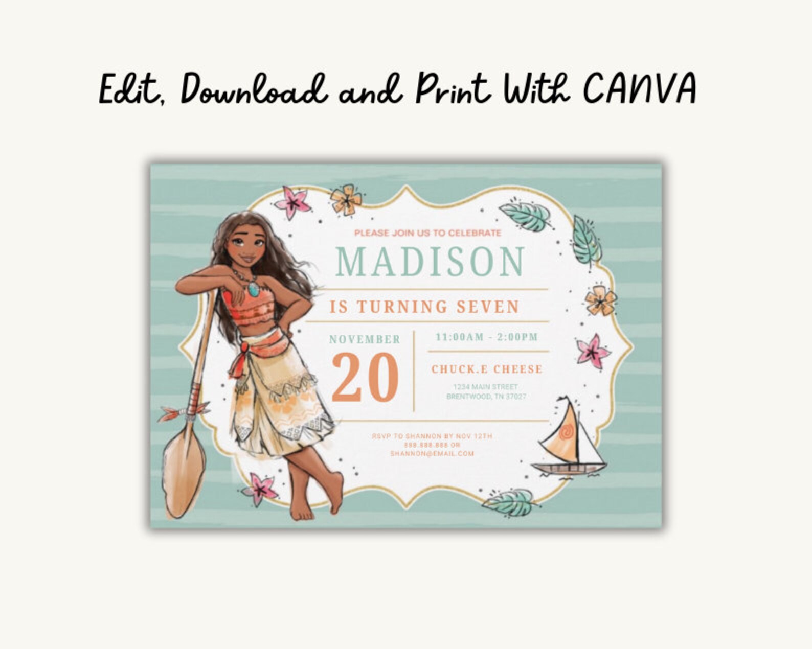 Moana Birthday Invitation, Editable Canva Digital Hawaiian Moana ...