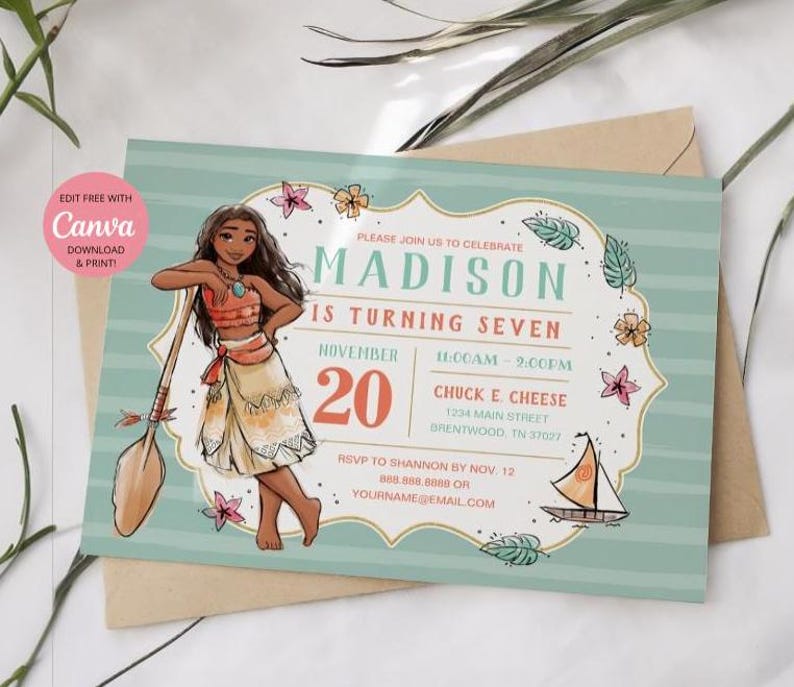 Moana Birthday Invitation, Editable Canva Digital Hawaiian Moana ...
