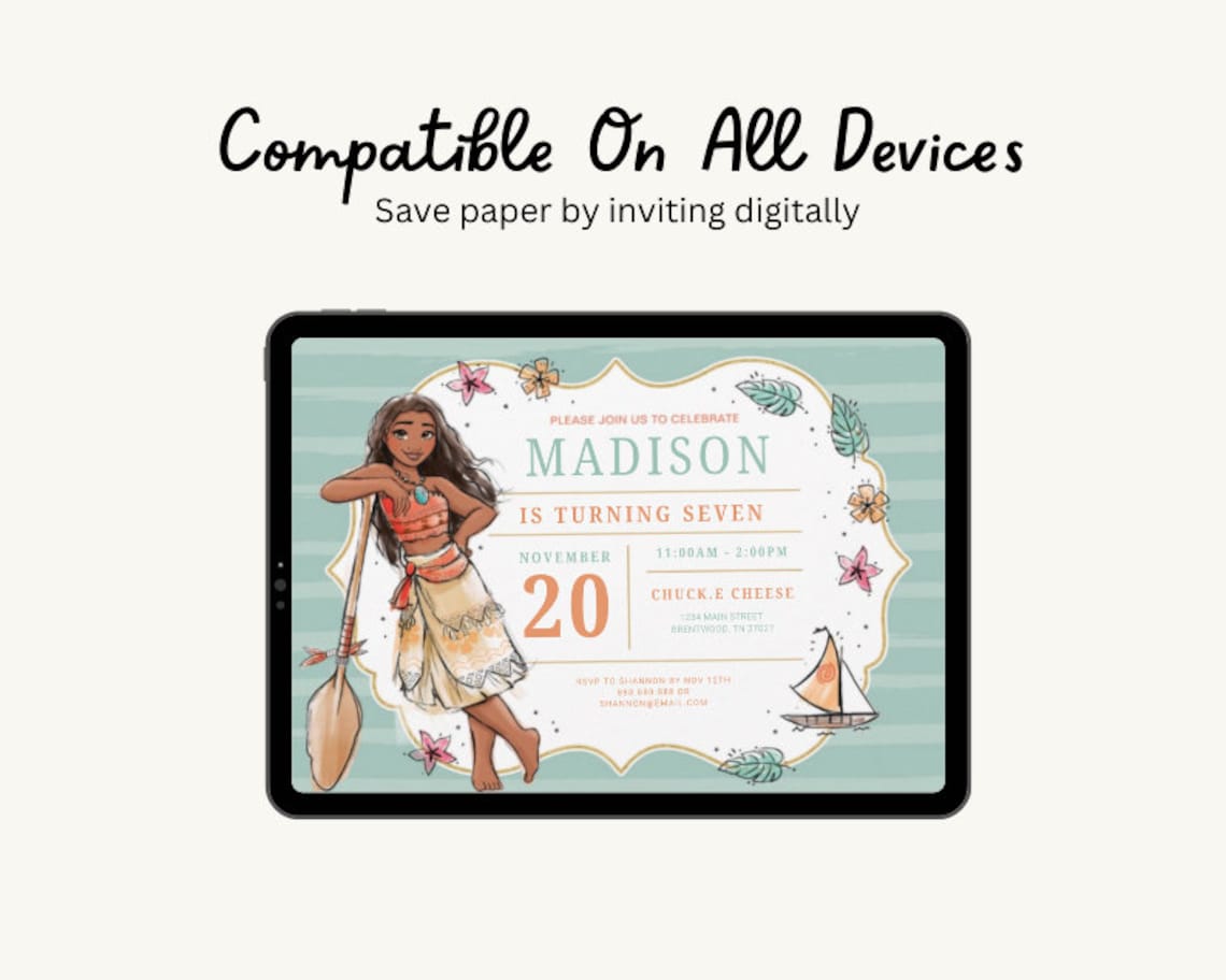 Moana Birthday Invitation, Editable Canva Digital Hawaiian Moana ...