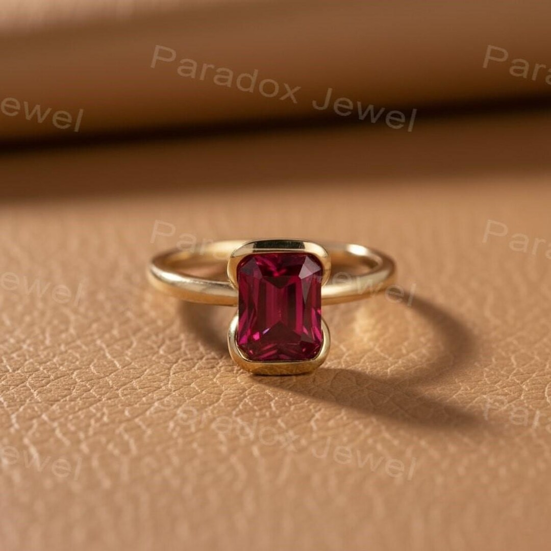 Solid 14K Gold Radiant Lab-ruby Engagement Ring, Modern Minimalist Ruby ...