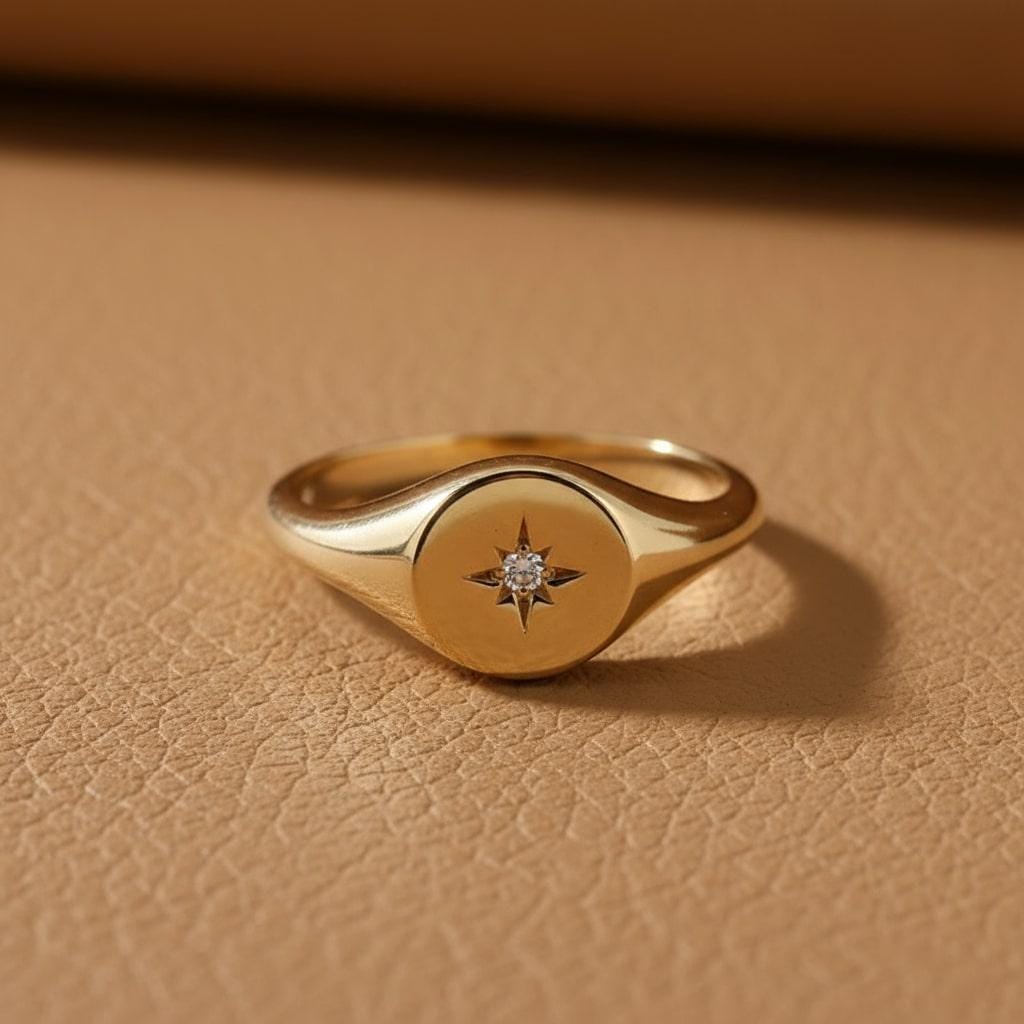 14k Solid Gold North Star Signet Ring – Moissanite Compass Ring for ...