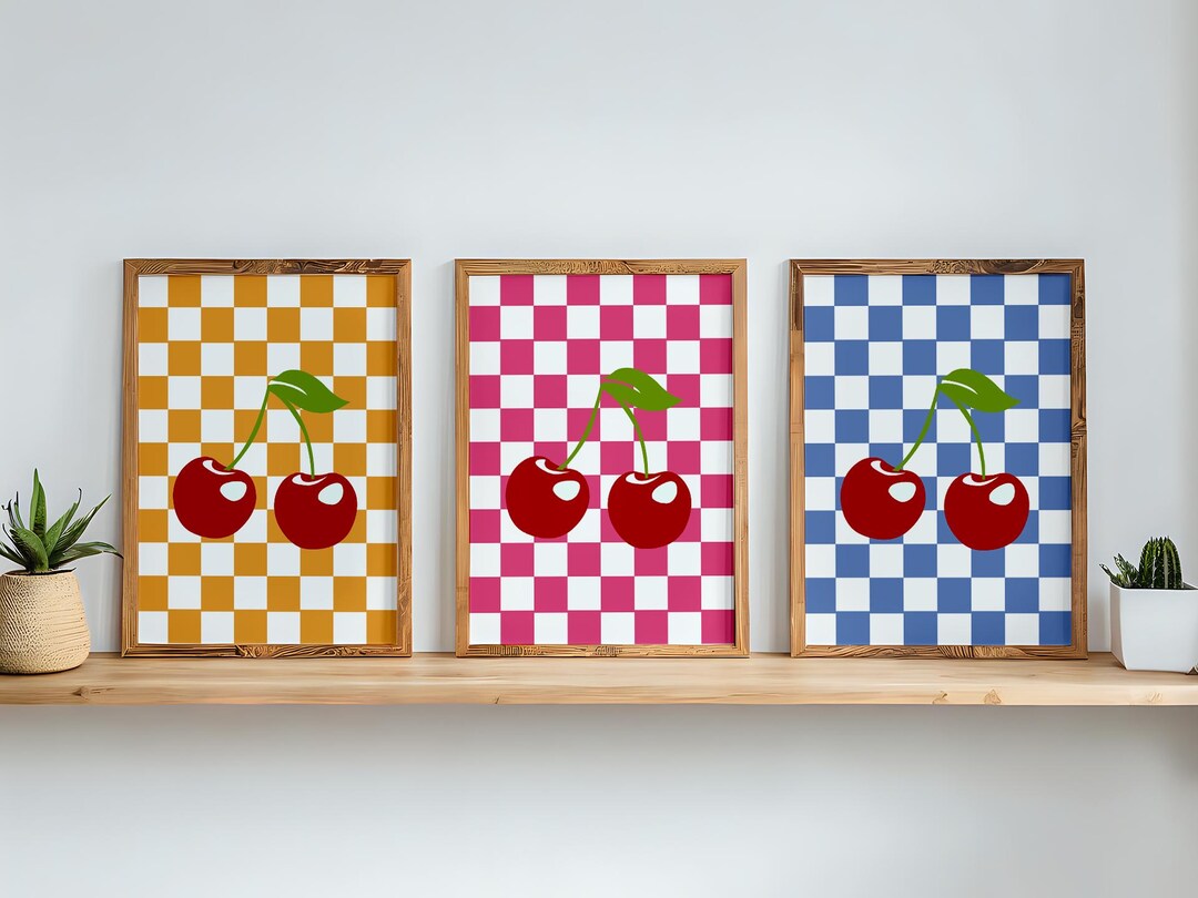 Set of 3 Checkers and Cherries Wall Art, Cute Set of Cherry ...