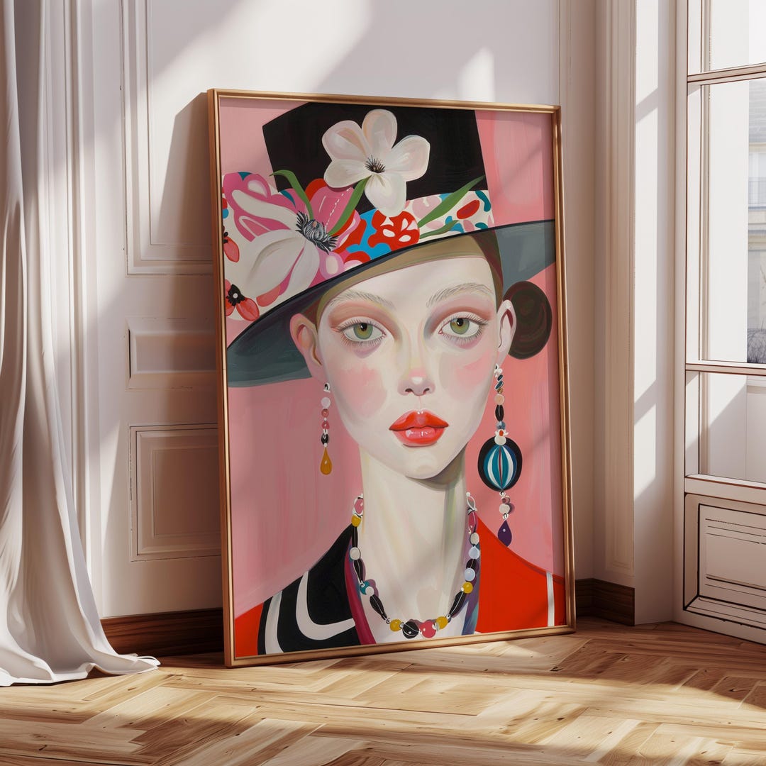 Maximalist Woman Portrait Art Print: Trendy Pink Red Gallery Wall ...